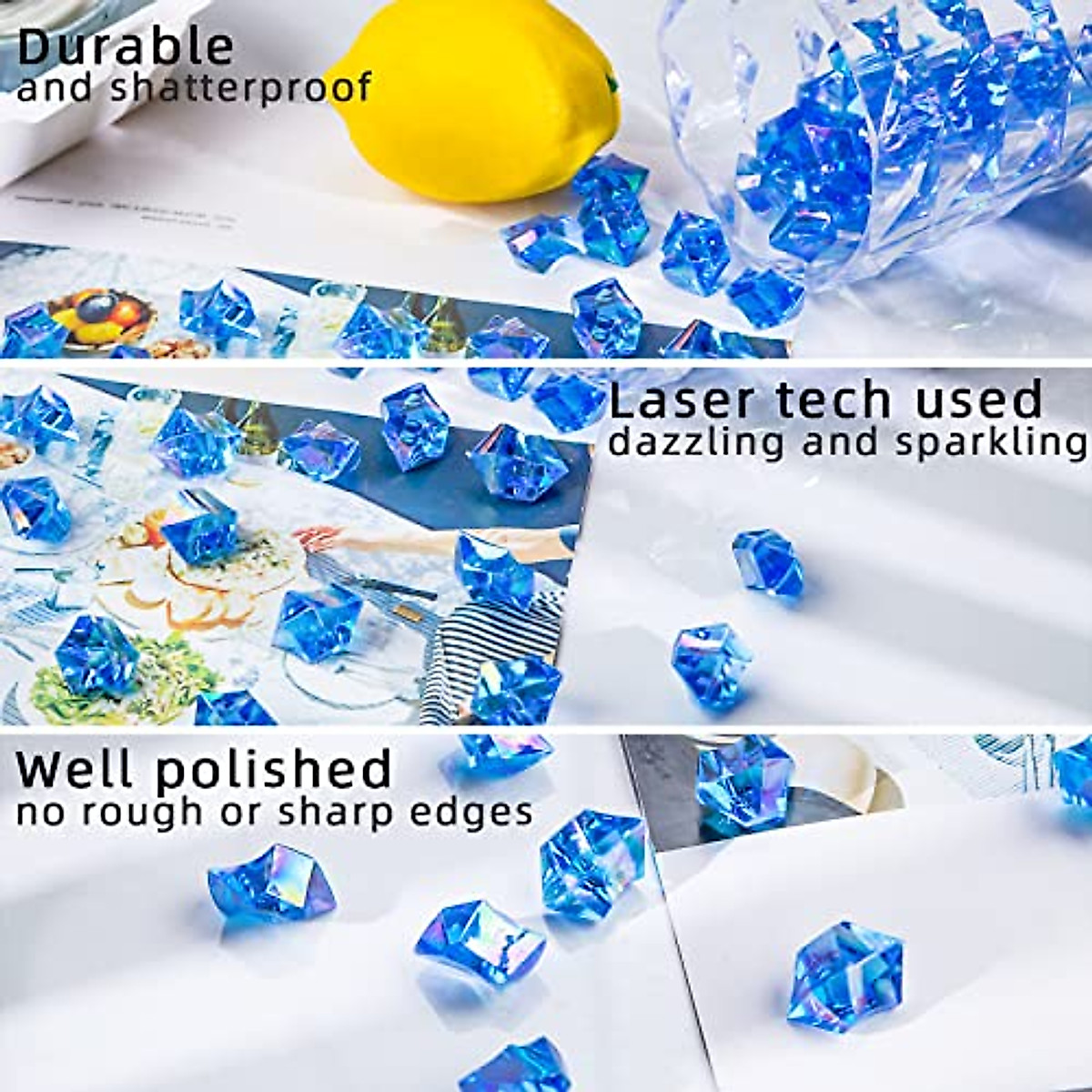 DomeStar 180PCS Iridescent Blue Fake Ice, Dazzling Blue Fake Diamonds Acrylic Ice Rocks Sparkling Plastic Gems for Christmas Vases Fillers Winter Table Scatters Home Decor