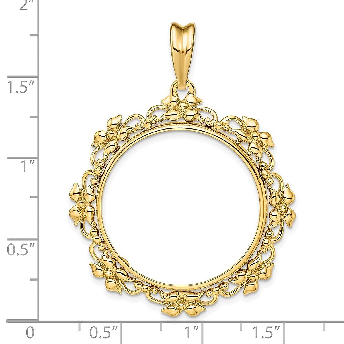 Roy Rose Jewelry Gold Coin Pendant Mounting - 27mm Coin Size - Flower Blossom Filigree Design Frame - 14K Yellow Gold - Prong Set with Bail