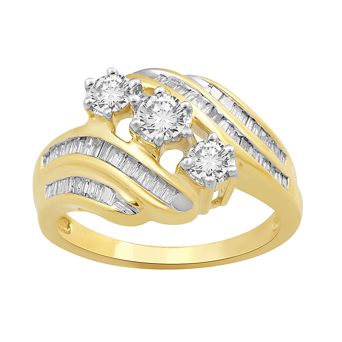 Jewelili 10K Yellow Gold 3/4 Cttw Natural White Baguette and Round Diamond 3 Stone Ring, Size 8
