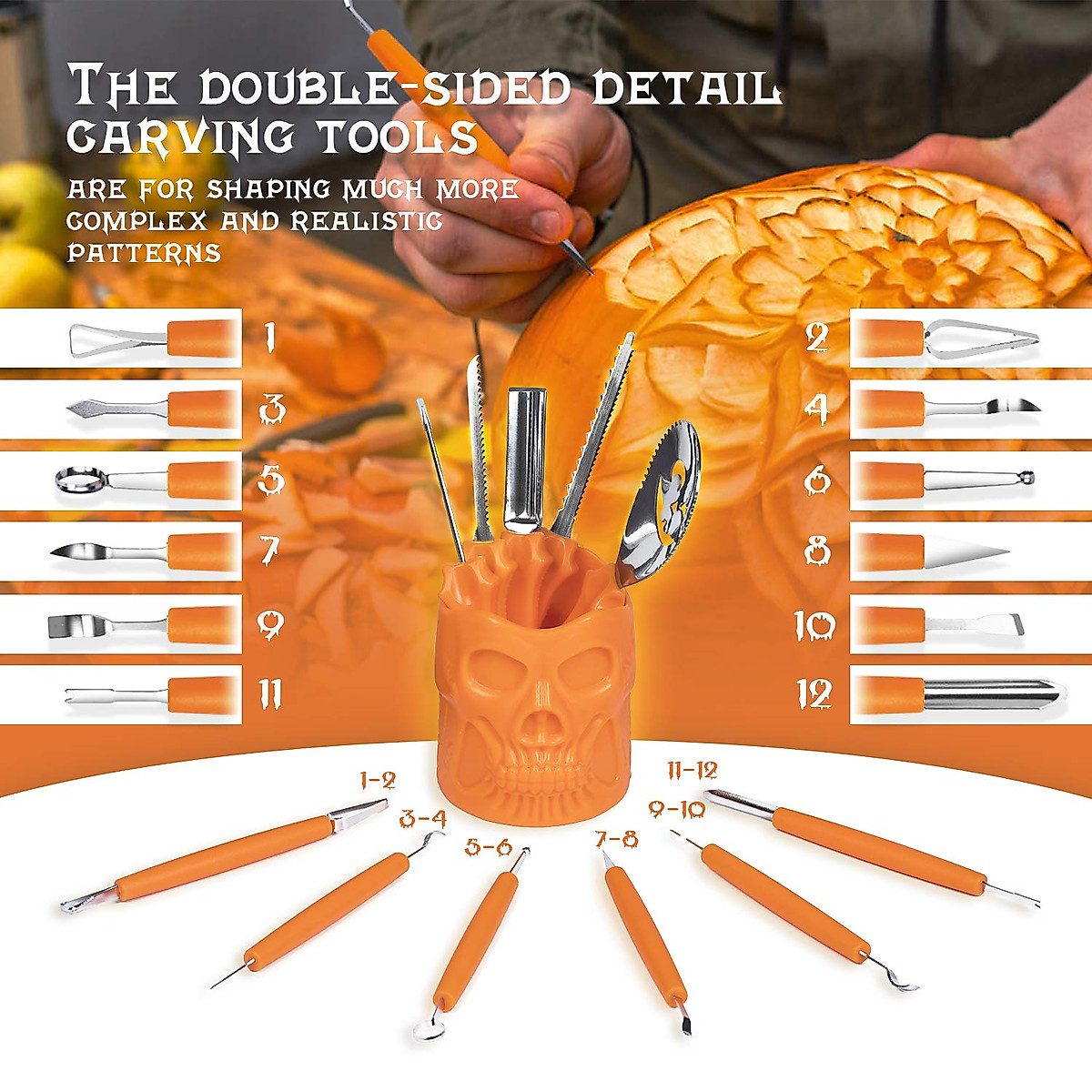 Halloween Pumpkin Carving Kit,Jack-O-Lanterns 11 Piece Professional Pumpkin Cutting Carving Tools Stainless Steel Lengthening and Thickening Pumpkin Carving Set