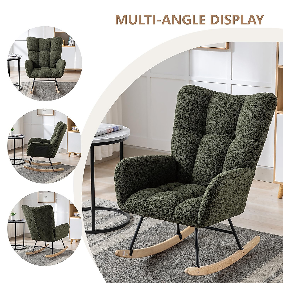 Rocking Chair Nursery, Teddy Upholstered Glider Rocker, Modern Accent Chair with High Backrest Padded Seat Pocket, Cozy Armchair Side Chair for Living Room, Bedroom, Office, Balcony, Dark Green