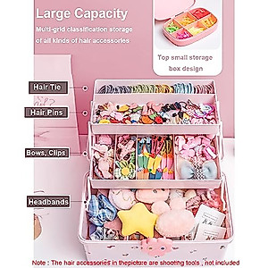 Hair Accessories Organizer for Girls Headbands, Hair Clips, Hair Ties Baby Girl Hair Supplies, Lockable Three-layer Folding Hair Craft Organizers and Storage Plastic Jewelry Box, 11.4x6.3x6.3in