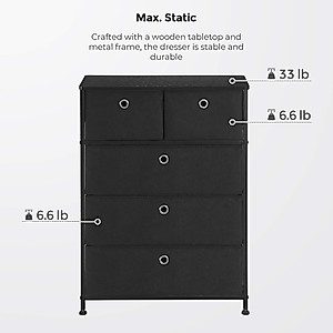 SONGMICS Storage Chest Dresser 5 Fabric Drawers Closet Apartment Dorm Nursery, 23.6 x 11.8 x 32.9 Inches, Black