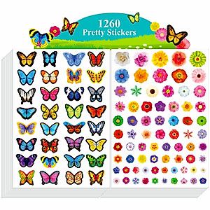 1260 PCS Butterfly & Flower Stickers, 24 Sheets Colorful Springtime Blossom Stickers Insect and Plant Stickers Spring Themed Party Supplies Decorations for Kids Teachers Classroom (Non White Edge)