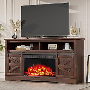 YESHOMY Fireplace TV Stand for Television up to 65+ Inch with Storage and Farmhouse Sliding Barn Doors, Entertainment Center with Cabinet and Shelves, Media Console for Living Room, Dark Brown