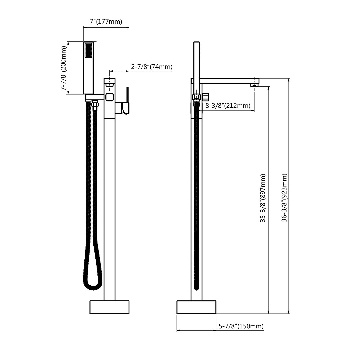 Dowell Freestanding Bathtub Faucet Floor Mounted Brass Bathroom Tub Faucets with Hand Shower,Black-8003 002 10
