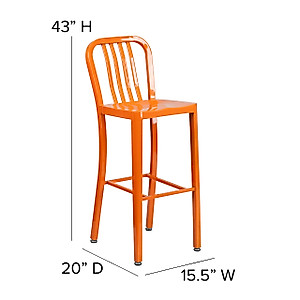 EMMA + OLIVER Commercial Grade 30" H Orange Metal Indoor-Outdoor Barstool with Slat Back