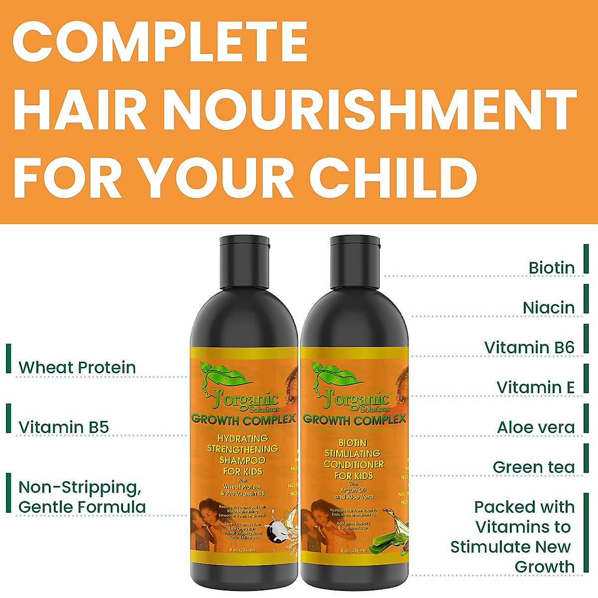 J'Organic Solutions Kids shampoo & Conditioner Hydrating and Strengthening- with Biotin- Phthalates-Free, No Sulfate, Paraben-free Baby And Toddler Shampoo and Conditioner (2x 8oz)