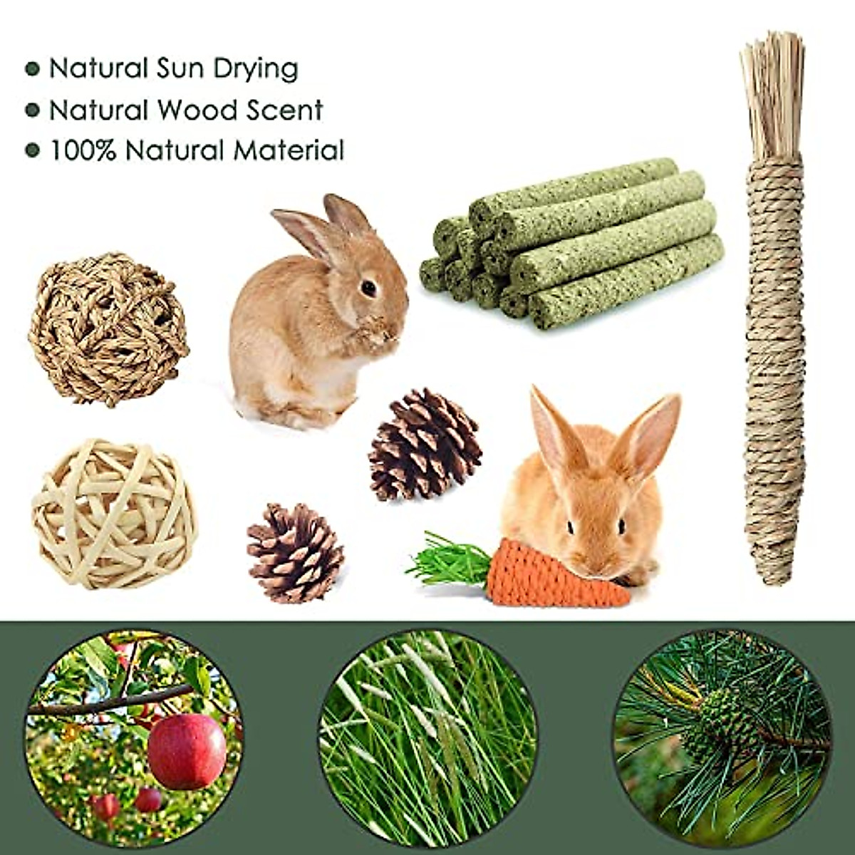 SOYANGNEK Hamster Chew Toys 12PCS Bunny Toys for Rabbits Guinea Pig Toys Natural Timothy Hay Sticks Chinchilla Toys for Teeth Handmade Bunny Treats Gift Apple Wood Sticks Hamster Rat Gerbil