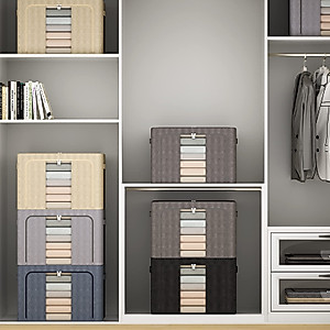 FHSQX Clothes Storage Organizer Bins- Stackable Storage Containers for Closet Foldable Storage Bins for Clothes with Clear Window & Carry Handles (Large-66L(19.7x15.7x12.6inch), Beige)