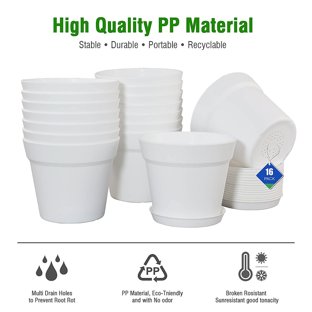 WOUSIWER 16 Pack 6 inch Plastic Planters for Indoor Flower Pots, Heavy Duty and Stylish 6 Inch Plant Pots for Indoor Plants with Drainage Holes and Tray for Plants, Flowers, White