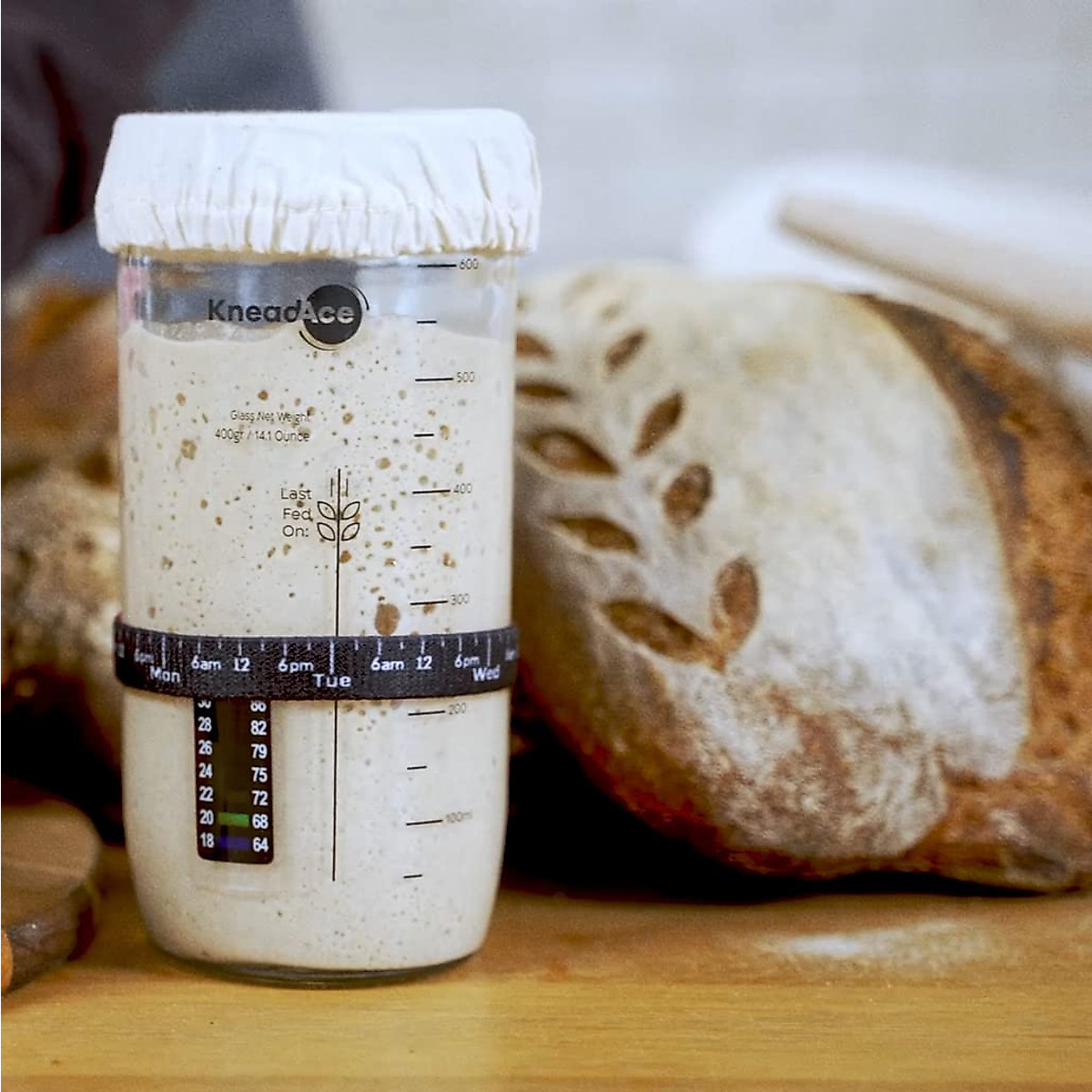 KneadAce Sourdough Starter Jar With Date Marked Feeding Band, Thermometer, Sourdough Jar Scraper, Sourdough Container Sewn Cloth Cover & Metal Lid, Sourdough Starter Kit For Sourdough Bread Baking