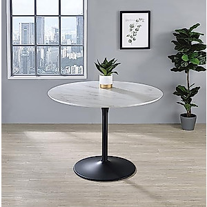 OSP Home Furnishings Flower Mid-Century Modern Dining Table, White Faux Marble Top with Black Base
