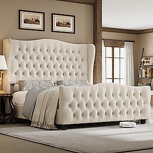 Keyluv Queen Size 54.3” Tall Platform Bed Frame with Deep Button Tufted Wingback Headboard and Footboard, Velvet Upholstered Bed Frame with Handmade Pleats, No Box Spring Needed, Beige/Cream