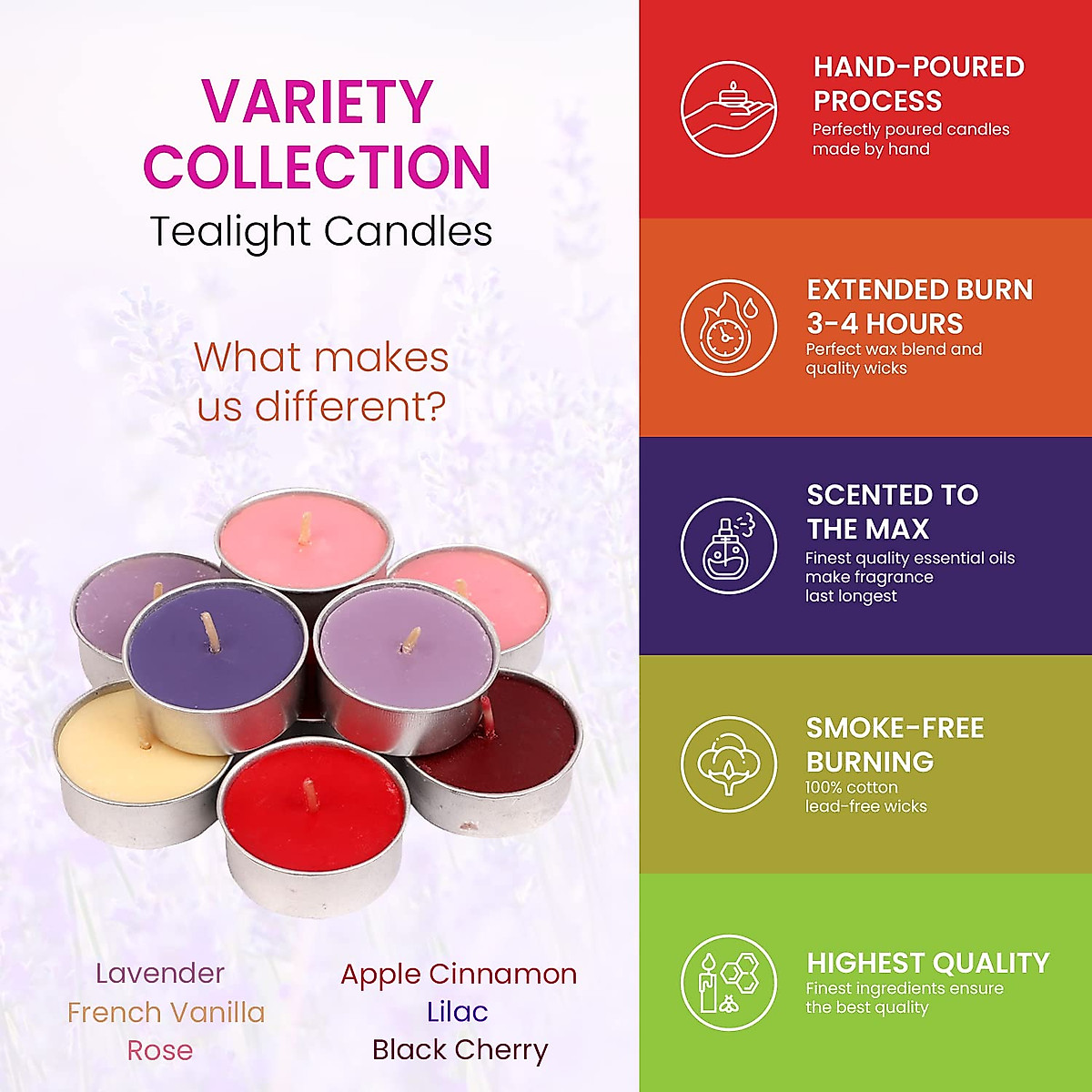 Scented Tealight Candles 90-Pack Bulk Variety Pack | Small Votives for Home & Weddings | Long Lasting Smokeless & Dripless | 6 Fragrances - Lavender, Vanilla, Rose, Apple Cinnamon, Lilac, Black Cherry