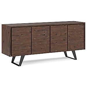 SIMPLIHOME Lowry SOLID ACACIA WOOD 66 Inch Wide Modern Industrial Large 4 Door Sideboard Buffet in Distressed Charcoal Brown, For the Dining Room and Kitchen