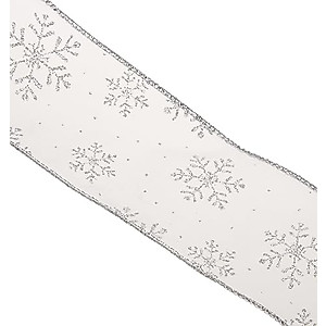 Morex Ribbon 7405.60/50-701 Snowflake 2.5" X 50 YD Nylon Sheer Wired Glitter Ribbon, White/Silver, Ribbon Art Supplies for Christmas Decorations, Indoor Christmas Ribbon for Gift Wrapping Art Set