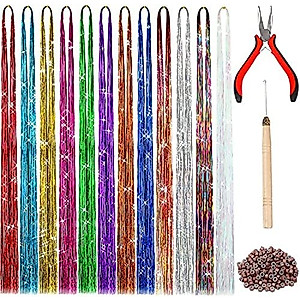 Osprey 47-Inch Hair Tinsel Extensions Kit with Tool - 12 Vibrant Colors and 3000 Strands - Glittery Hair Accessories for Women and Girls - Perfect for Christmas, New Year, Halloween, Cosplay and Party