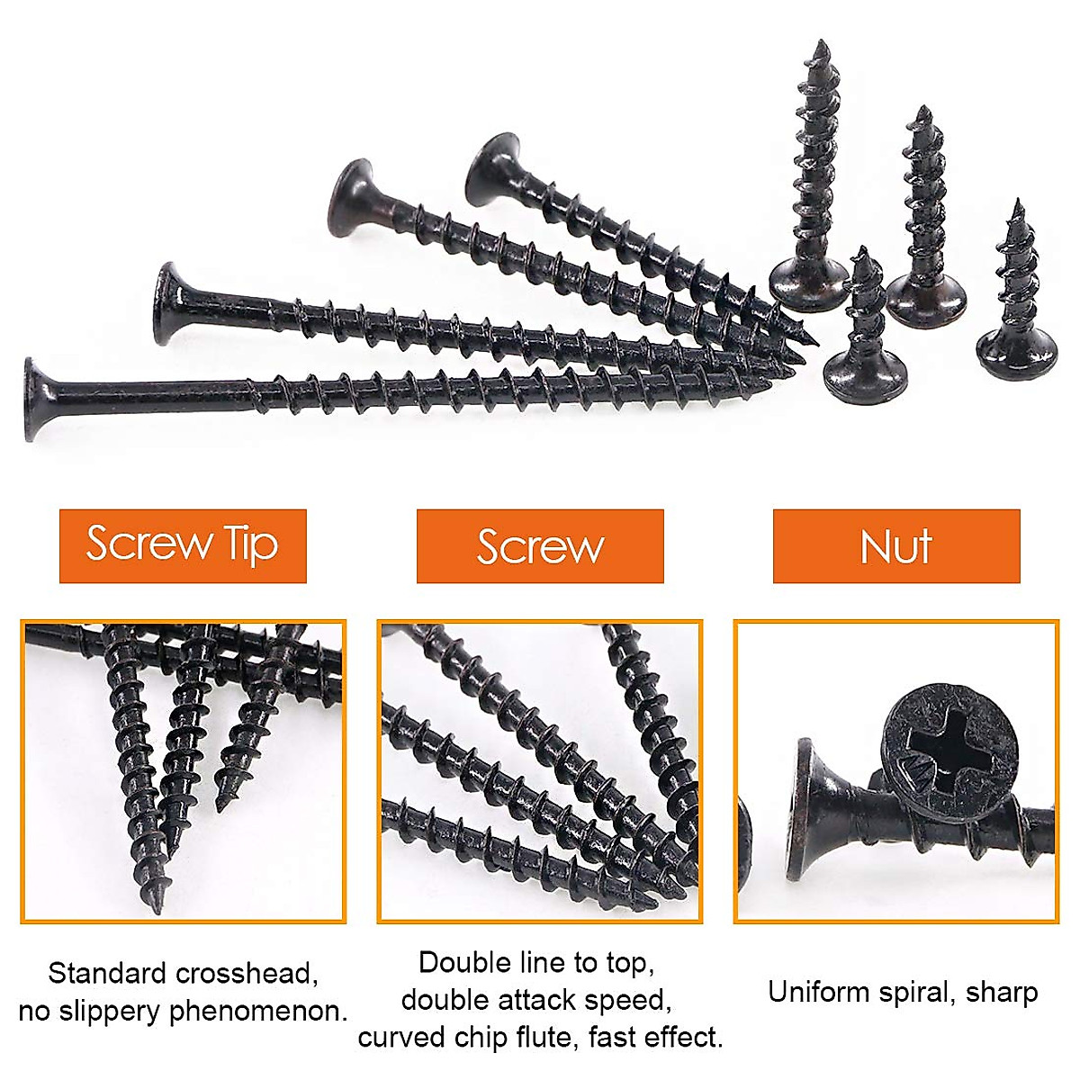 Rustark 160-Pcs #7 Coarse Thread Drywall Screw with Phillips Drive Black Oxide Finsh Bugle Head Wood Screws Assortment Kit Ideal for Drywall Sheetrock