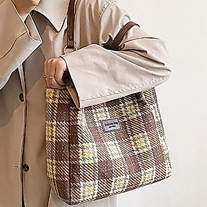 Fashion Shoulder Hobo Bags for Women Wool Tweed Tote Bags Plaid Pattern Bowknot Handbags and Purses Large Capacity (Tote)