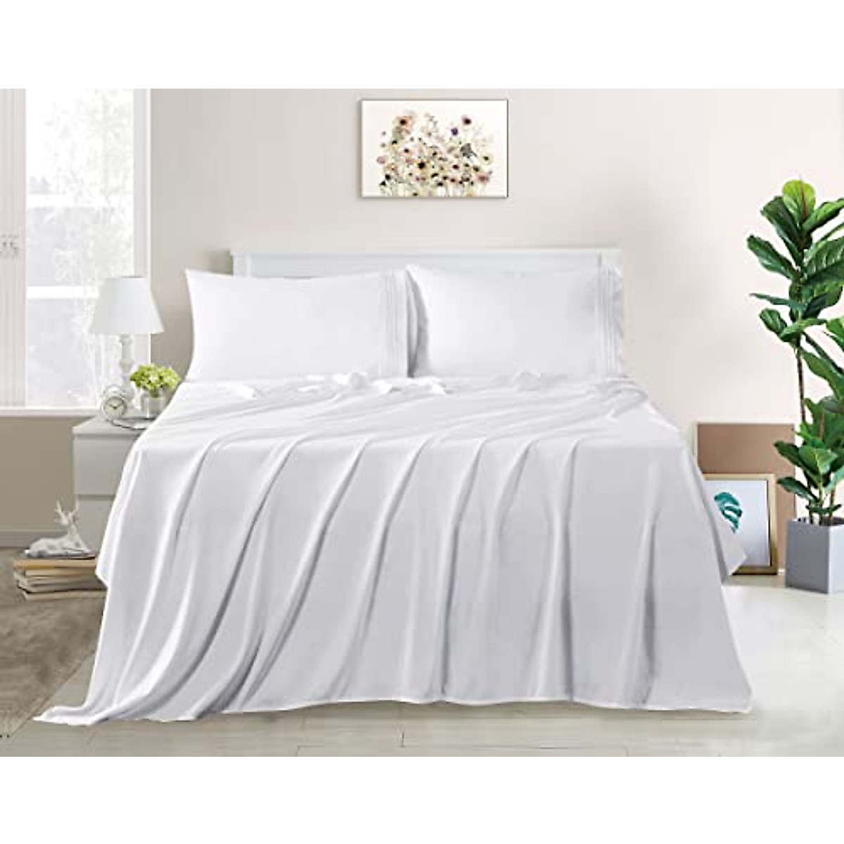 wavveUziz Bed Sheet Set Super Soft 100% Microfiber Sheet 1800 Brushed Microfiber Embroidered Queen Size Bed Sheets 16-Inch Deep Pocket - 4 Piece, White