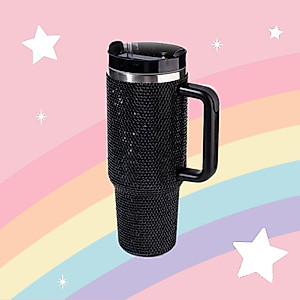 40 oz Black Bling Tumbler With Handle Rhinestones Tumbler With Lid and Straw Fix for Car Cup Holder Insulated Stainless Steel Double Wall Water Cup Travel Mug Tumbler.