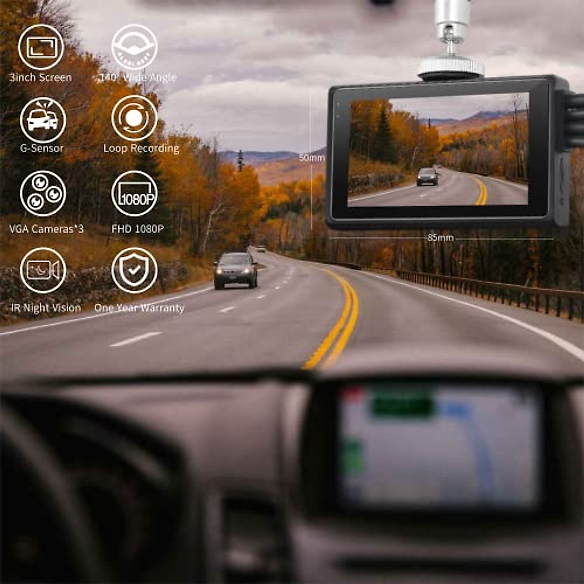 VSYSTO Upgrade 3CH Truck Dash Camera System DVR Recorder Waterproof Vehicle Backup Camera 1080P Front&Sides&Rear View Security Camera for Semi Truck Trailer Van RVs 3.0'' Monitor Infrared Night Vision