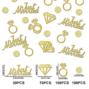 AIEX 300pcs Gold Wedding Table Confetti, Glitter Paper Confetti Just Married Diamond Ring Dots Confetti Table Decorations for Bridal Shower Wedding Bachelor Party