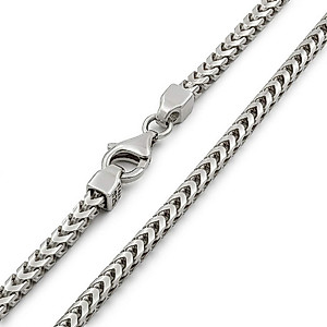 Giorgio Bergamo 925 Italian Sterling Silver 3mm Solid Franco Chain, Rhodium Plated Square Box Link Necklace, (24)