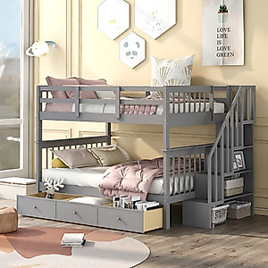 Harper & Bright Designs Full Over Full Bunk Bed with Storage, Solid Wood Full Bunk Bed Frame with Stairs and Drawers, for Kids Teens Adults (Gray)