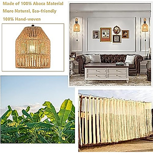 ZECOXOL Rattan Wall Sconce Boho Decor Plug in Set of Two Wicker Lamp with Cord Dimmable Woven Hanging Lamps That Into Outlet Rustic Light for Bedroom Living Room Black 001
