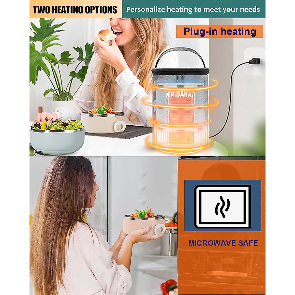 Mr.Dakai Portable Electric Heated Bento Lunch Box for Adults Kids, 71oz Stackable Stainless Steel Hot Food Lunch Box Container, 3-Tier Insulated Bento Box Adult Thermal Lunch Box, Food Warmer Set