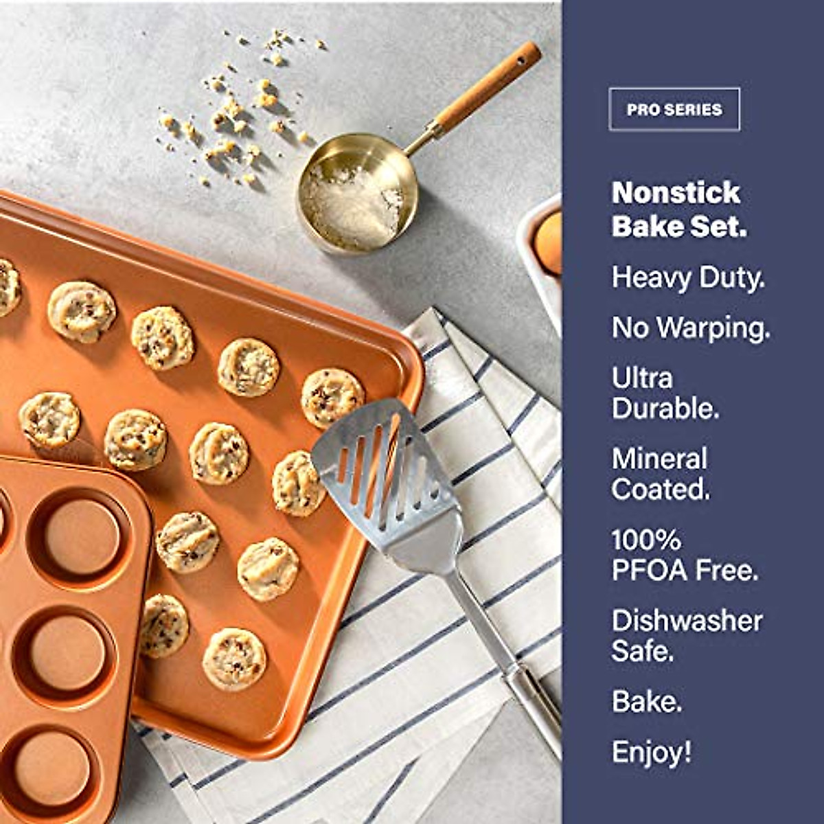 Gotham Steel Non Stick Ceramic Bakeware Set, 5 Piece No Warp & Dishwasher Safe Baking Set, Baking Pans Set with Round & Square Baking Pan, Muffin Pan, Loaf Pan & Baking Sheet for oven, 100% PFOA Free