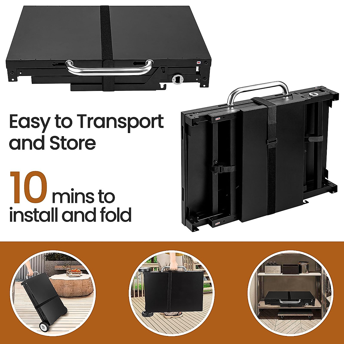 CEED4U Folding Grill Cart Table with Three-Shelf, 40" x 20" Movable BBQ Cart Sturdy, Height-Adjustable, Spacious Tabletop Grill Stand Dining Cart Table for Car Tailgating, Camping, Party