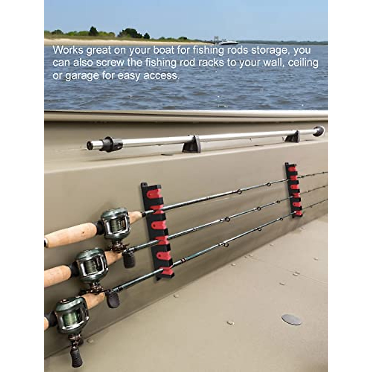 Ducurt Fishing Rod Rack Holders Wall-mounted Fish Pole Holder for Garage & Boat 6-Rod Storage Racks (Horizontal Red, 1 Pair)