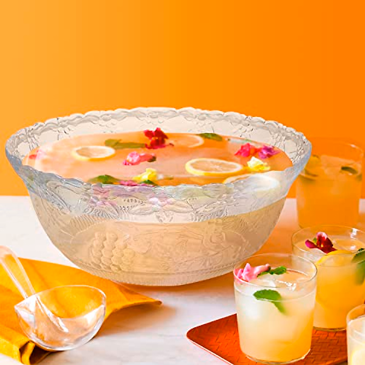 Plastic Punch Bowl with Ladle – Clear Punch Plastic Bowls – BPA Free Recyclable Punch Set of Bowl and 5 oz. Ladle – Embroidered Punch Bowl with Serving Ladle for Parties