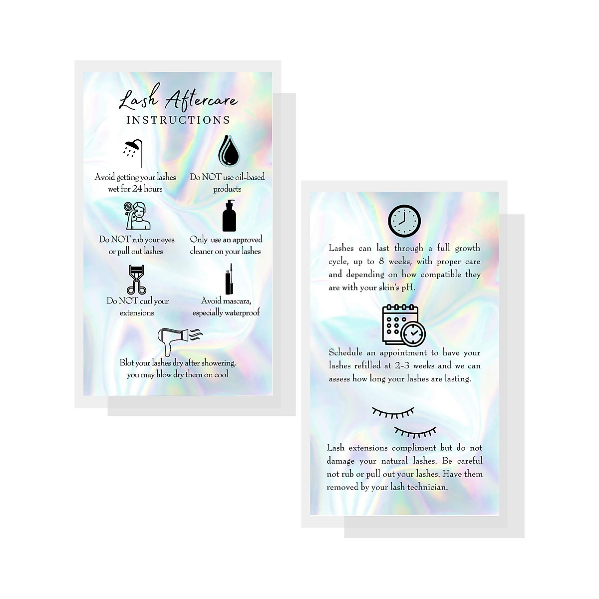 Lash Extension Aftercare Cards | 50 Pack | Business Card Size 3.5 x 2" inches After Care (2-3 Week Fillers) | Non-Reflective Matte Rainbow Holographic Look Design