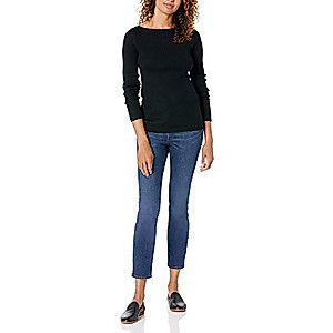 Amazon Essentials Women's Lightweight Ribbed Long-Sleeve Boat Neck Slim-Fit Sweater, Black, Small