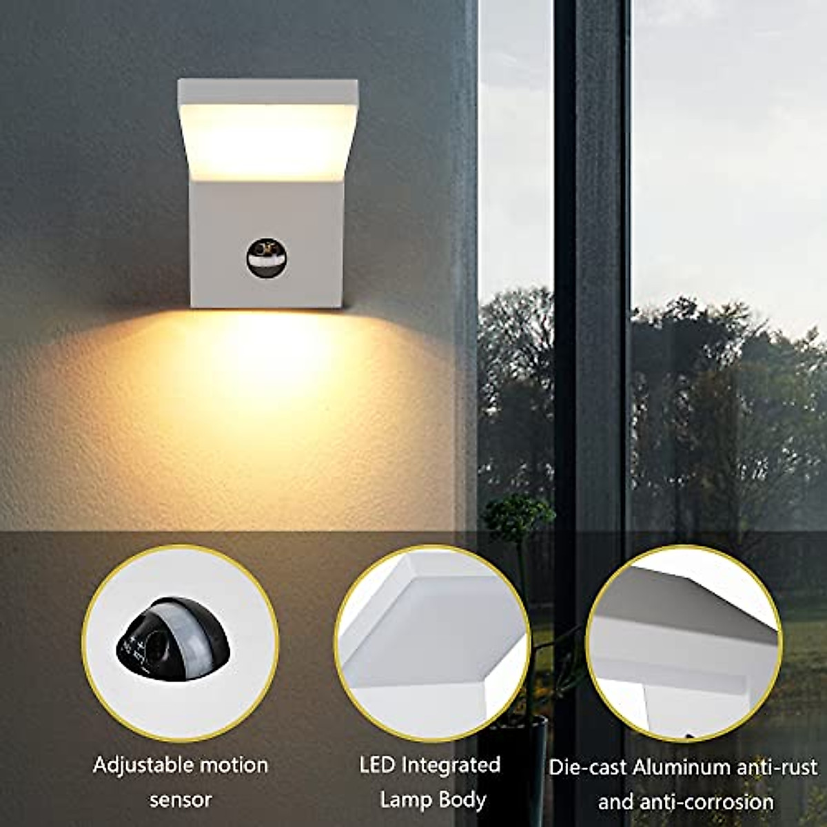 Outdoor Light Fixture with Motion Sensor LED Modern White Porch Light for Patio Garage Garden Doorway,IP54 Waterproof 100-240V 3000K