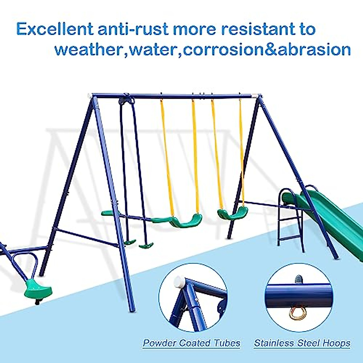 HooKung Swing Set for Backyard Outdoor Heavy Duty A-Frame Metal Playset with Seesaw, 2 Swings, Slide and Glider for Kids Toddlers