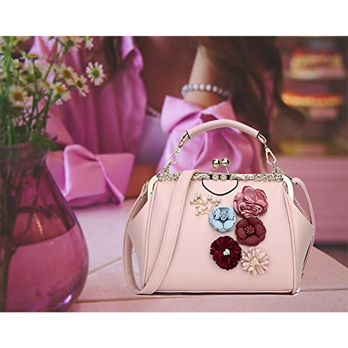 Abuyall Women's Retro Handbag Kiss Lock Shoulder Bag Vintage Purse Flowers M C
