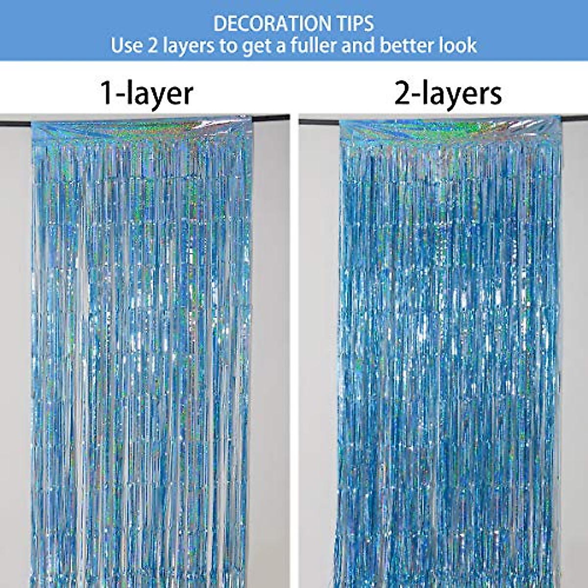 Foil Fringe Curtains Party Decorations - Melsan 3 Pack 3.2 x 8.2 ft Tinsel Curtain Party Photo Backdrop for Birthday Party Baby Shower or Graduation Decorations Light Blue