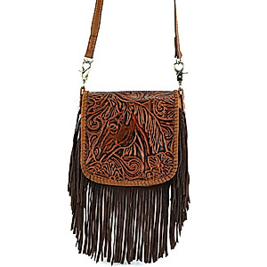 Texas West Western Genuine Leather Tooled Horse Fringe Women's Crossbody Bag in 2 colors (Brown)