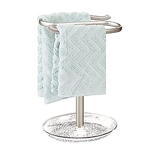 mDesign Steel Fingertip Towel Rack Stand with Base Tray - Towel Holder, Towel Bar for Bathroom, Kitchen, Powder Room - Holds Hand Towel, Washcloths - Rain Collection - Clear/Satin