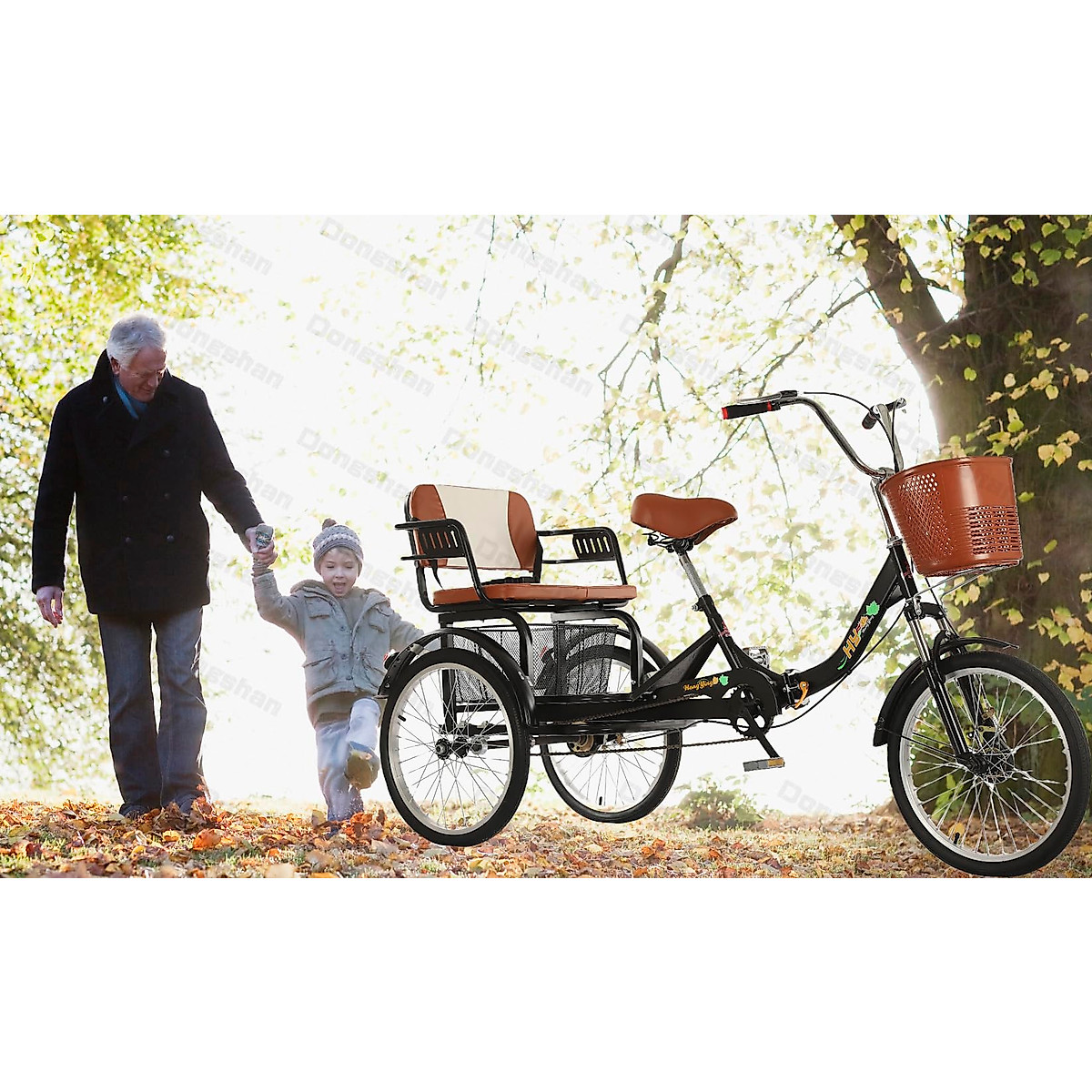 DONGSHAN Tricycle Adult 20'' 3-Wheel Bicycle Folding Bikes Comfortable seat, Rear Enlarged Food Basket Shock-Absorbing Front Fork for Parents to Pick up and Drop Off Children Load 440lbs (Black)