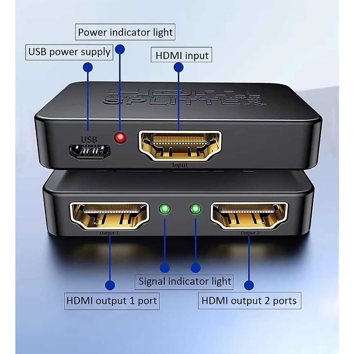 HDMI Splitter 1 in 2 Out, 4K HD Hdmi Screen Splitter Switcher 1 Female to 2 Female 1080P Audio Video Output, for TV, Monitors, Projector, Laptop, Computer, with HDMI/USB Cable [ Not Extend]