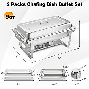 Giantex Chafing Dishes for Buffet, 2 Pack 9 Qt Stainless Steel Buffet Dish Servers, Full Size Food Pan, Water Pan, Fuel Holders, Removable Lid, Foldable Frame Stand, Warming Trays for Buffets Party