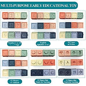 Kingtree Baby Blocks (Set of 12), Soft Silicone Building Blocks Squeeze Stacking Toys for 6+ Months Babies, Colorful Early Educational Puzzle Toy for Toddlers with Numbers Animals Shapes Textures