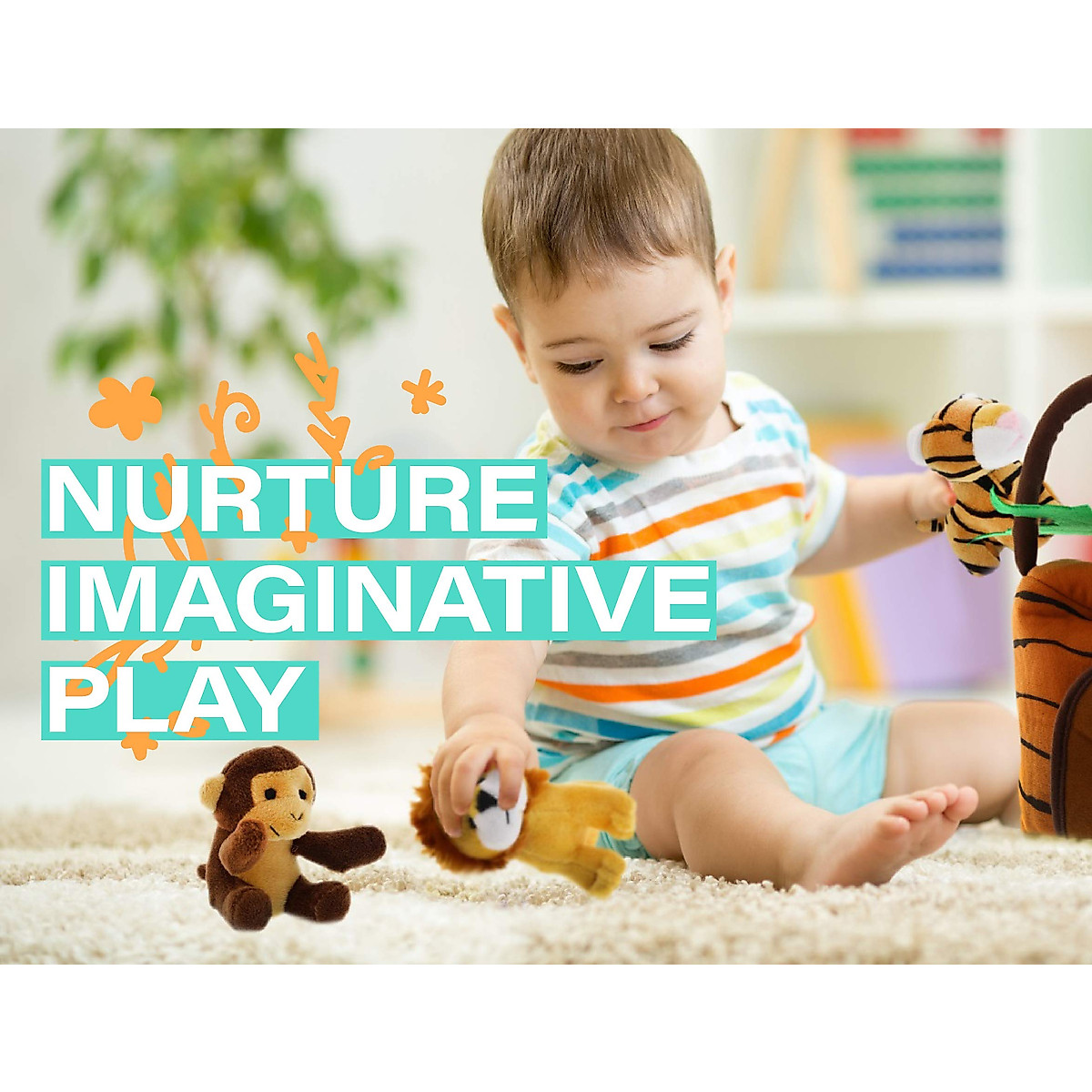 Jungle Animals Talking Plush Baby Toy – 5 Piece Small Stuffed Animals Set Including Jungle House Carrier and Stuffed Monkey, Lion, Tiger & Elephant – These Mini Toys are Ideal for Boys and Girls