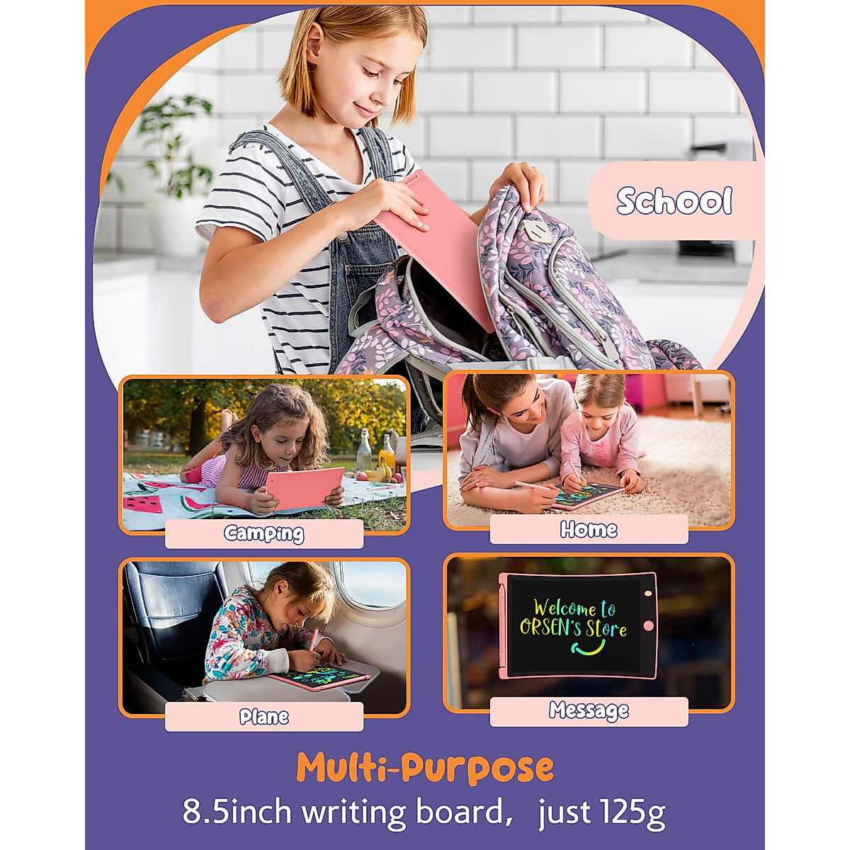 ORSEN Colorful 8.5 Inch LCD Writing Tablet for Kids, Electronic Sketch Drawing Pad Doodle Board, Toddler Travel Learning Educational Toys Activity Games Birthday Gifts for 3 4 5 6 7 8 Year Old Girls